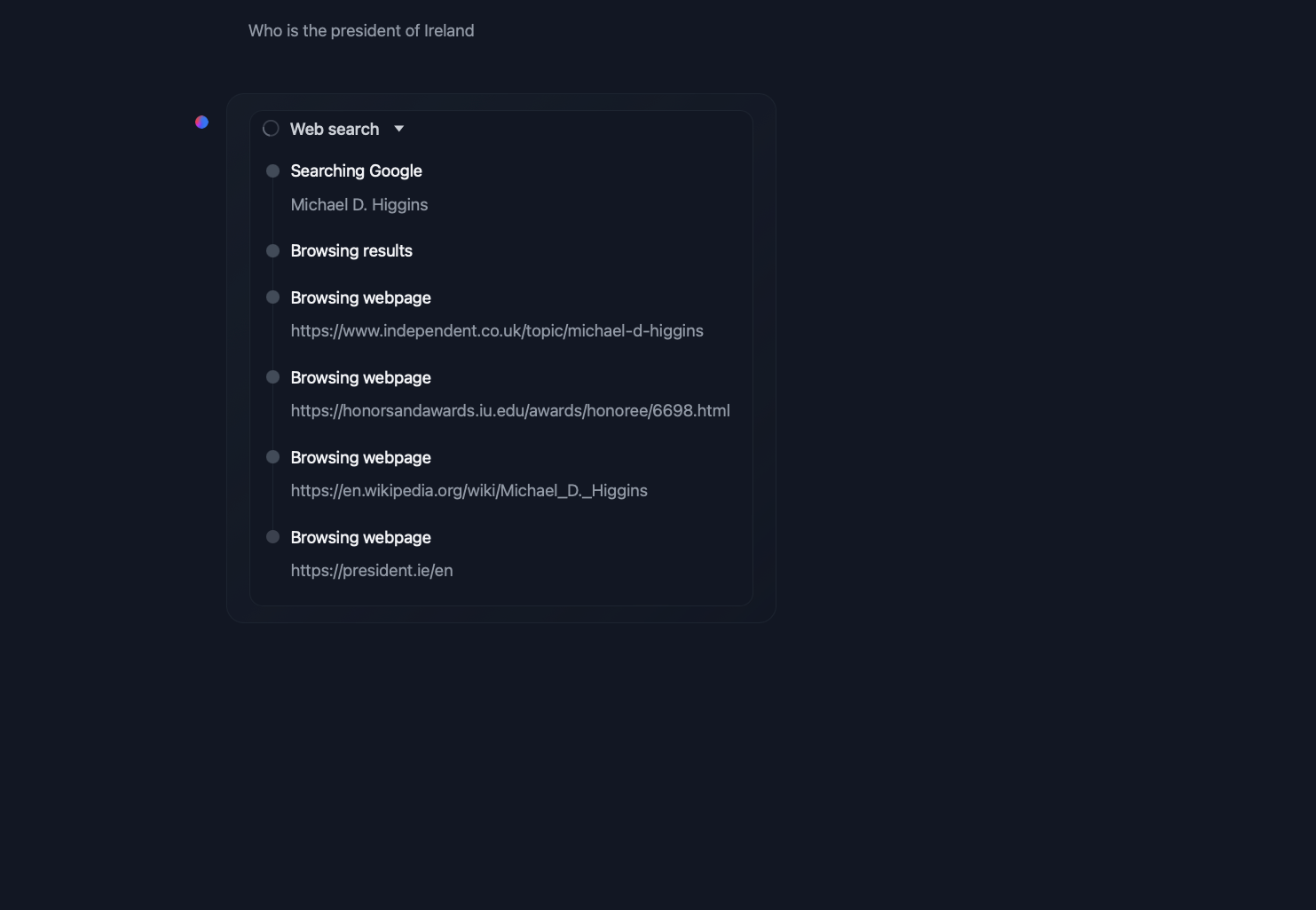 The web search is first responding to my question and then querying / searching the web. · Issue ...