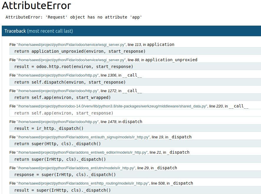 odoo14 werkzeug: Error on request : 'Request' object has no attribute ...
