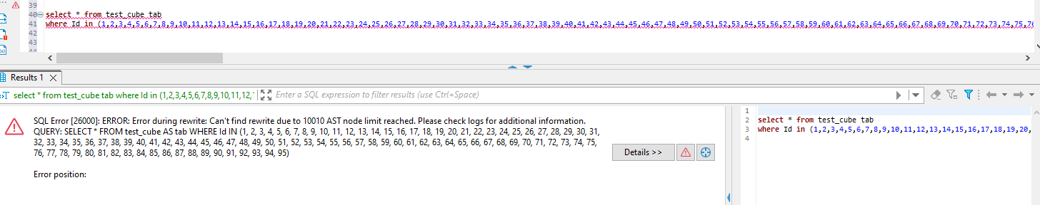 PG_SQL - Can't find rewrite due to [] AST node limit reached/Can't find rewrite due to timeout ...