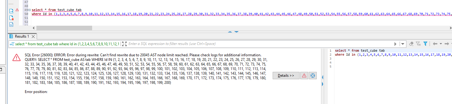 PG_SQL - Can't find rewrite due to [] AST node limit reached/Can't find rewrite due to timeout ...