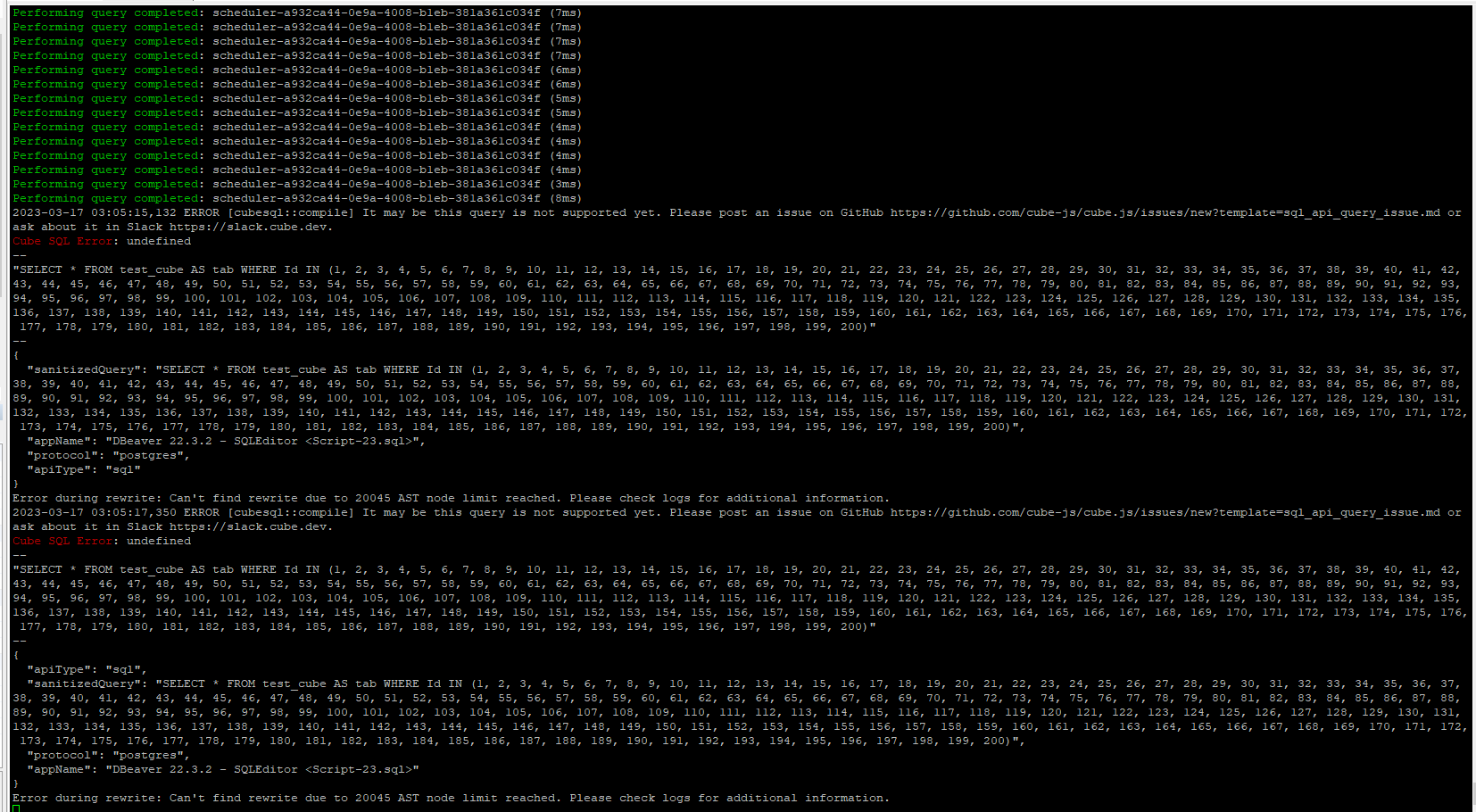 PG_SQL - Can't find rewrite due to [] AST node limit reached/Can't find rewrite due to timeout ...