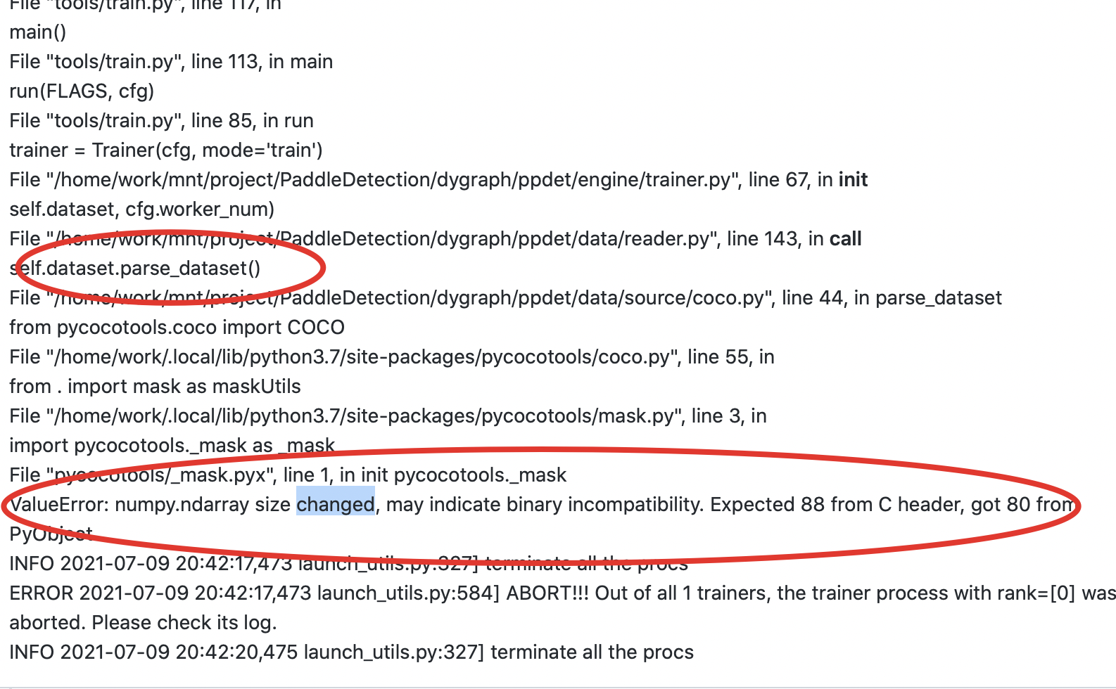 显示：ABORT!!! Out of all 1 trainers, the trainer process with rank=[0 ...