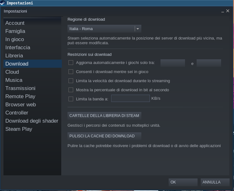 Italian localization covers download speed limit UI in Steam settings ...