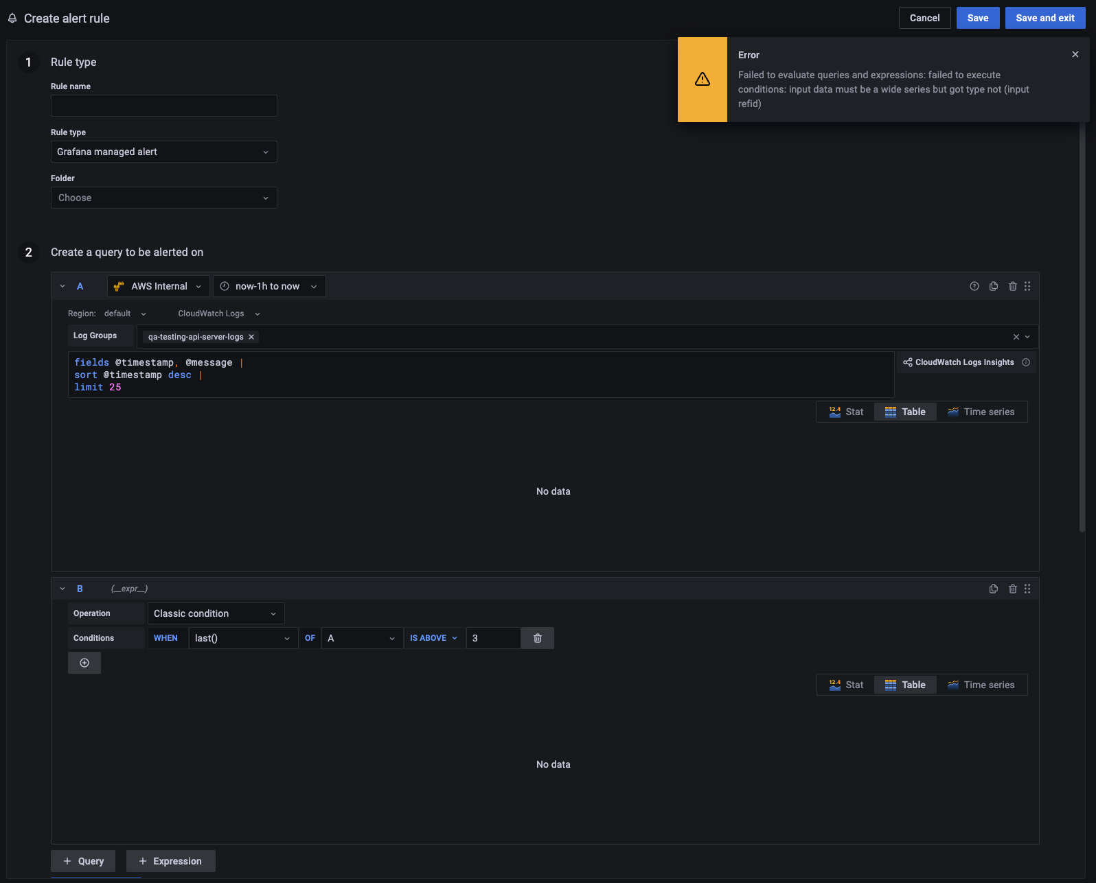 Alert queries fail with "input data must be wide series but got type not (input refid)" · Issue ...