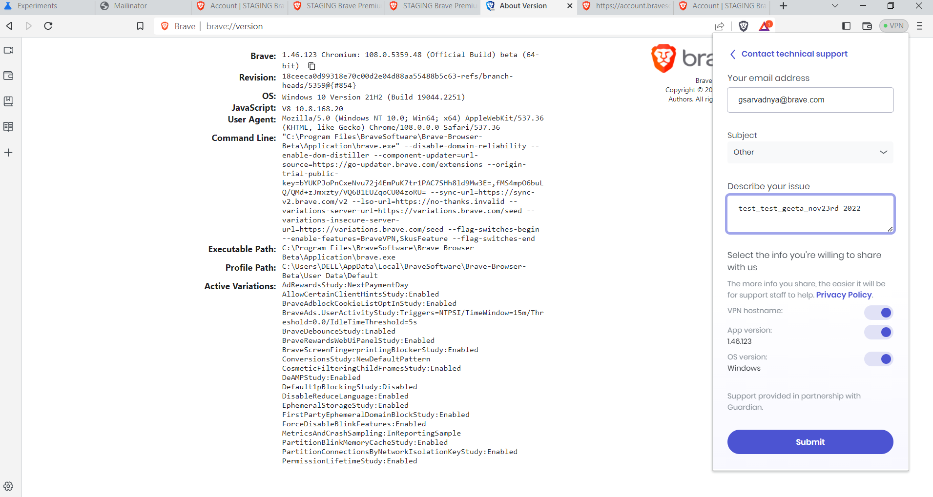 Submit button doesn't work (loading spinner doesn't show when submitting a ticket) for VPN ...