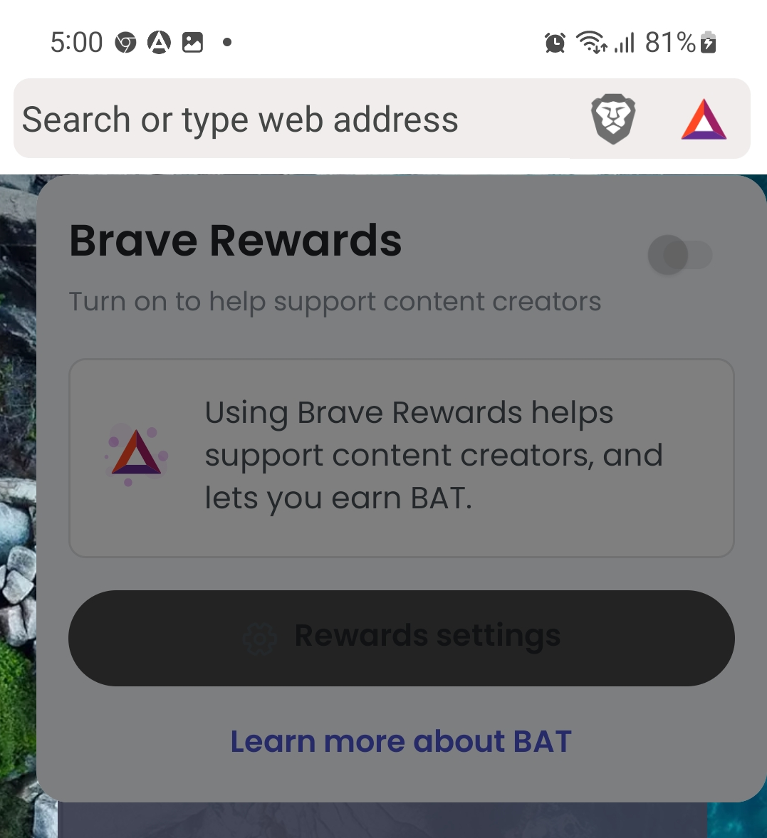[Android] - Brave Rewards switch-off screen pops up in the background screen after selecting the ...