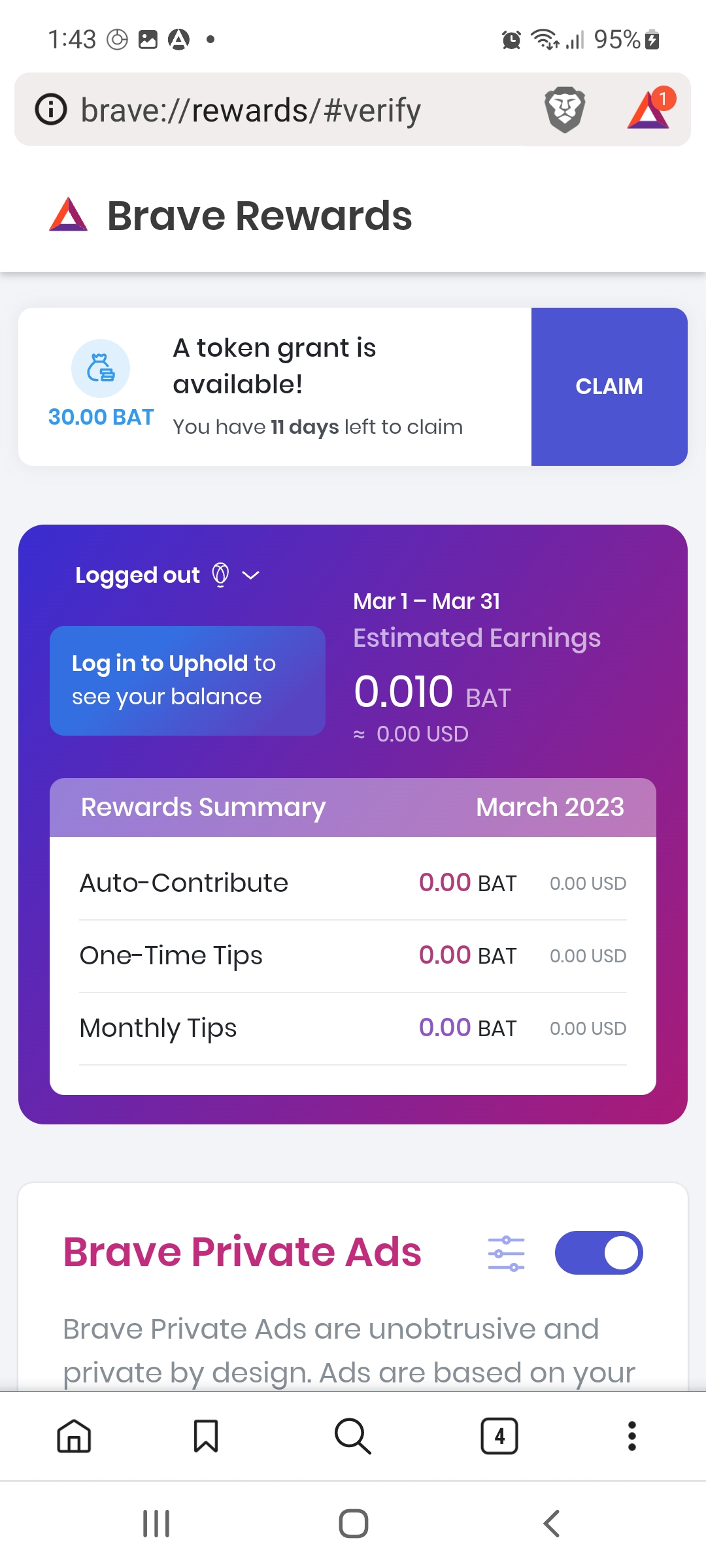 [Android] - `Login to uphold to see your balance` text is not shown in BR panel when user is in ...