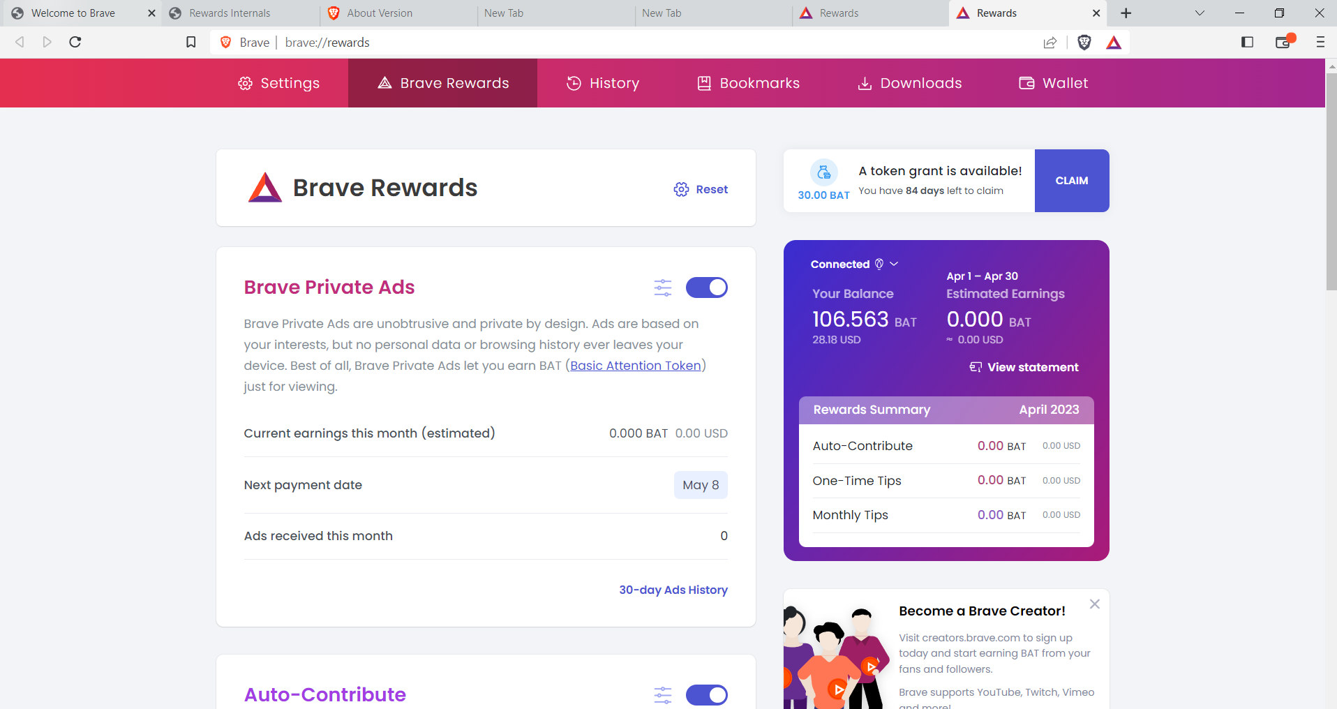 0.00 BAT showing in Rewards panel, even though user is logged in with ...