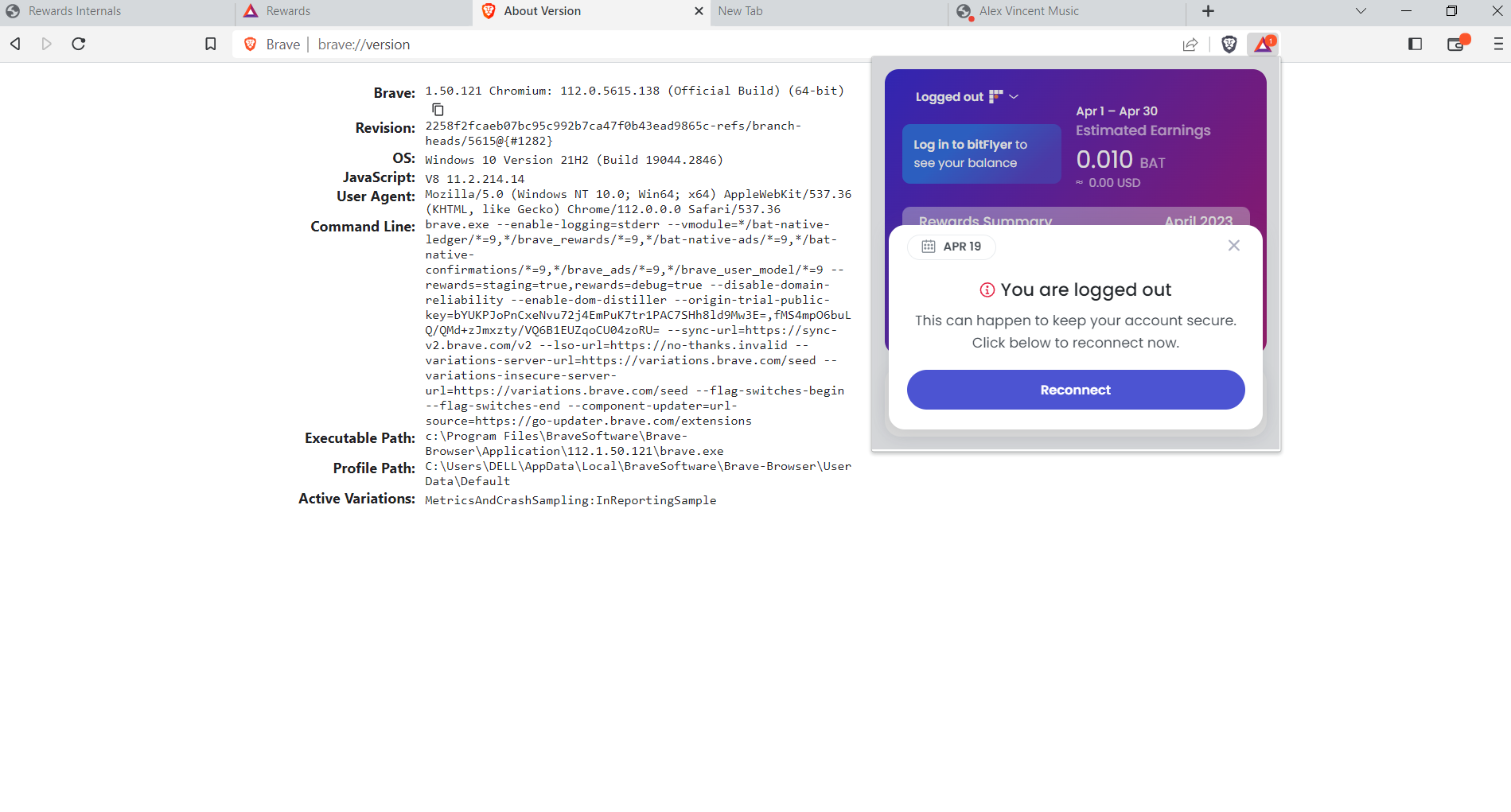 0.00 BAT showing in Rewards panel, even though user is logged in with custodian, and `rewards ...
