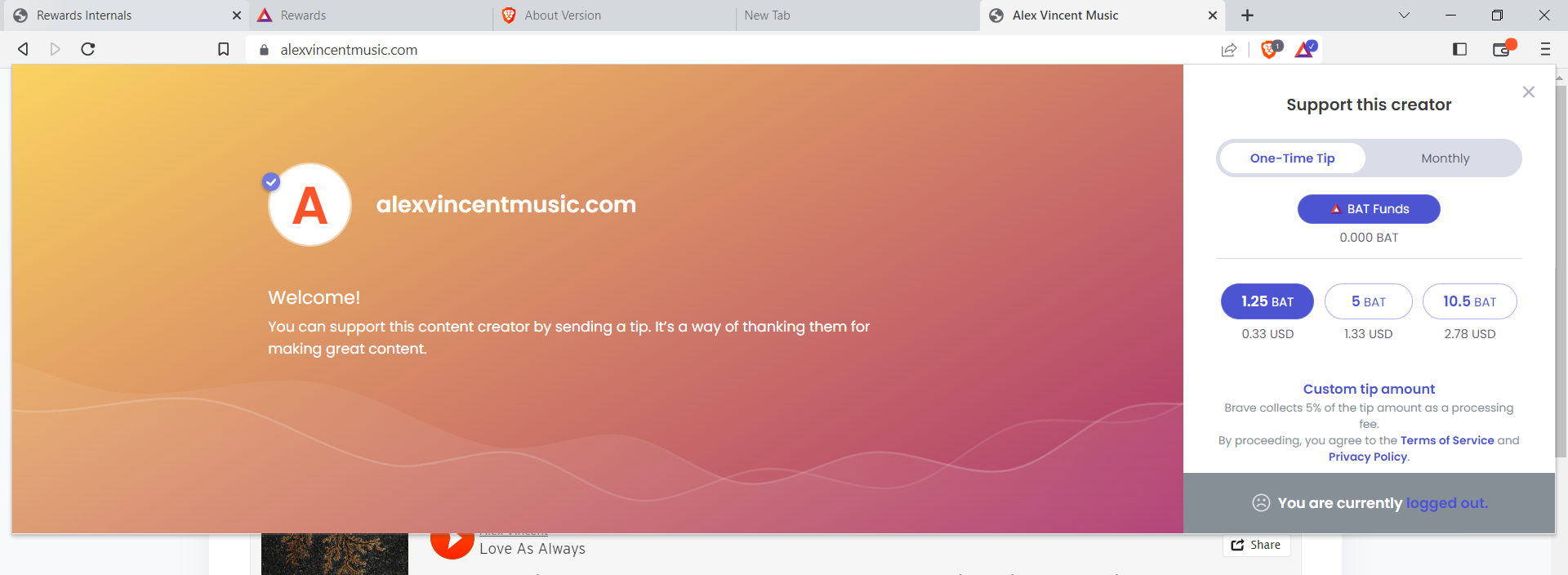 0.00 BAT showing in Rewards panel, even though user is logged in with ...
