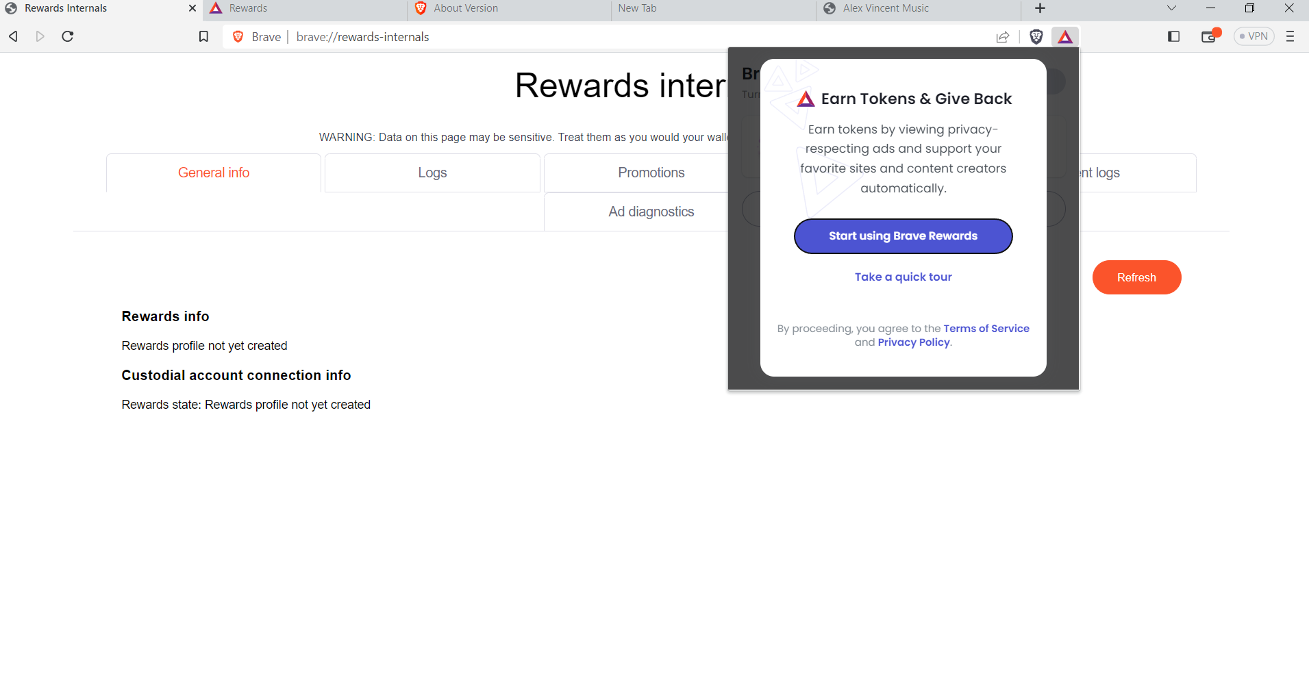 0.00 BAT showing in Rewards panel, even though user is logged in with custodian, and `rewards ...