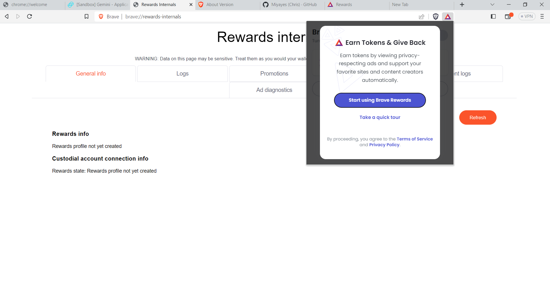 0.00 BAT showing in Rewards panel, even though user is logged in with custodian, and `rewards ...