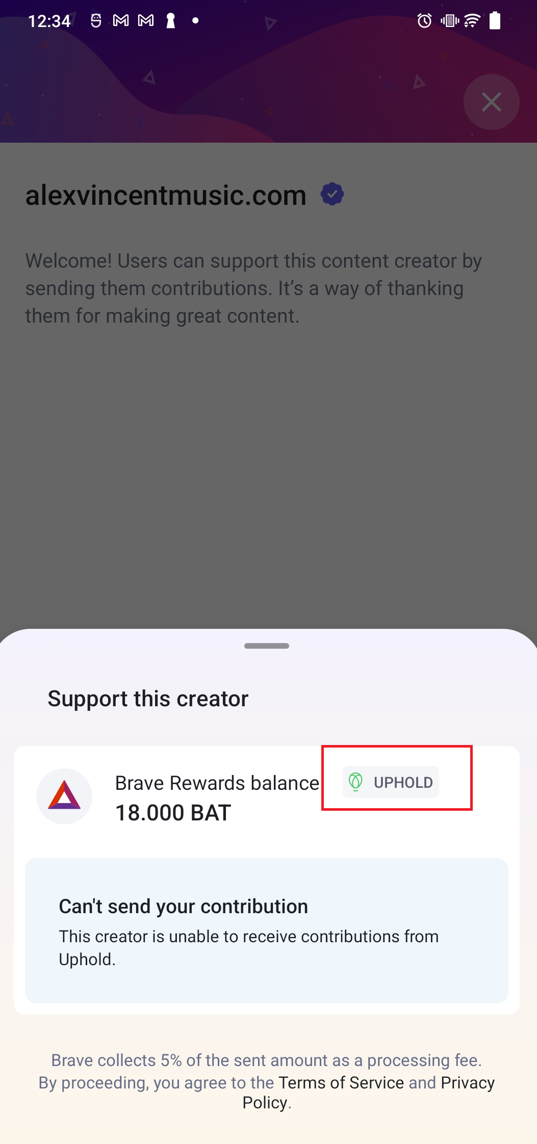 UPHOLD icon is displayed next to the Brave Rewards balance in the ...