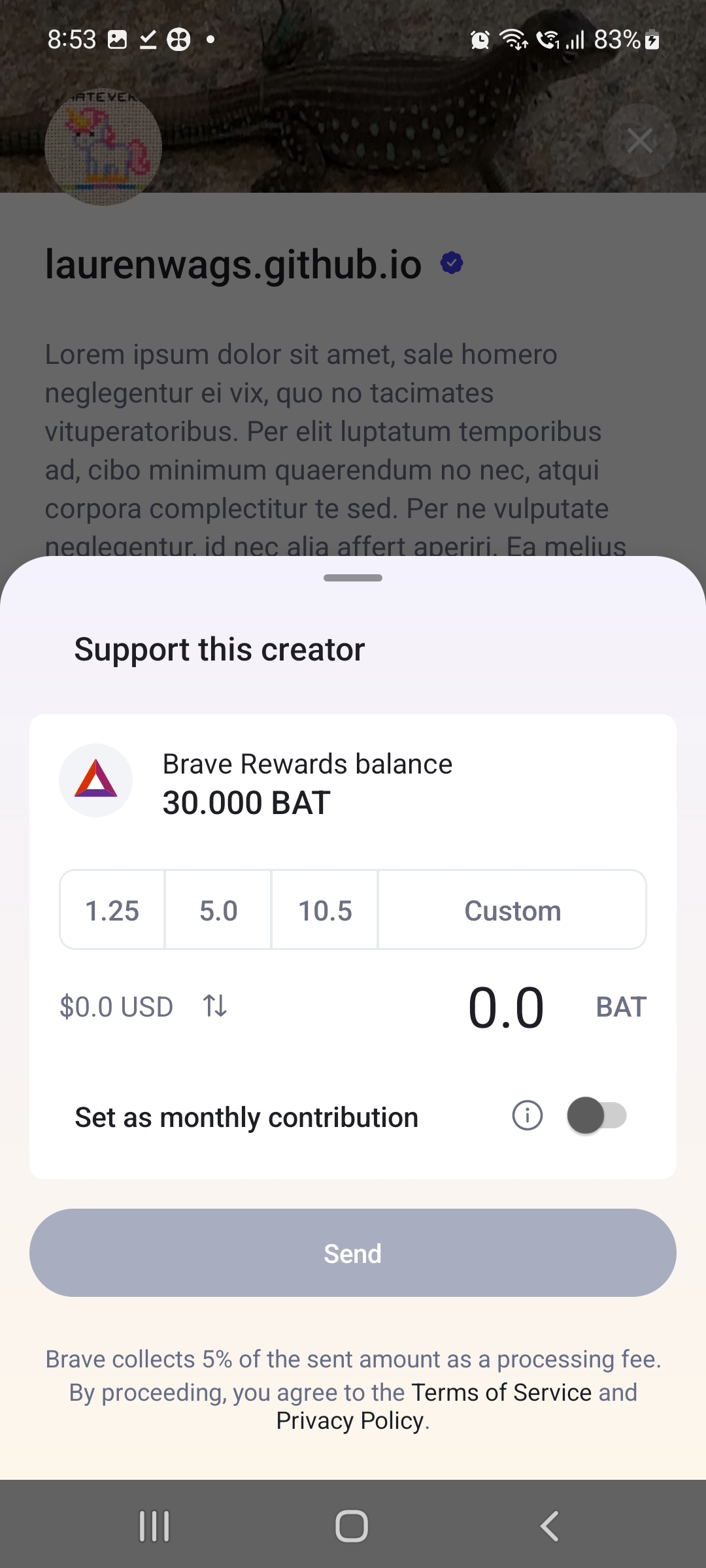 UPHOLD icon is displayed next to the Brave Rewards balance in the ...
