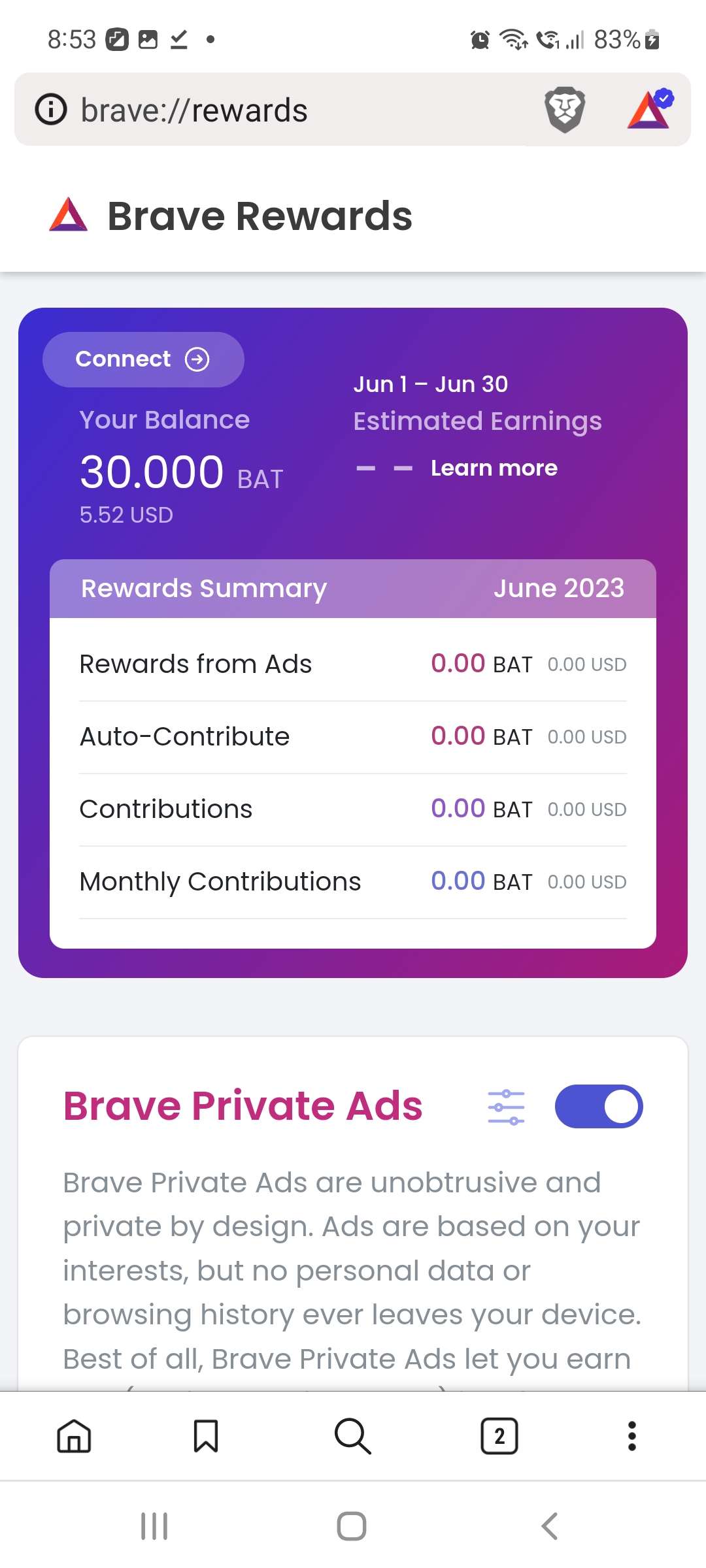 UPHOLD icon is displayed next to the Brave Rewards balance in the ...