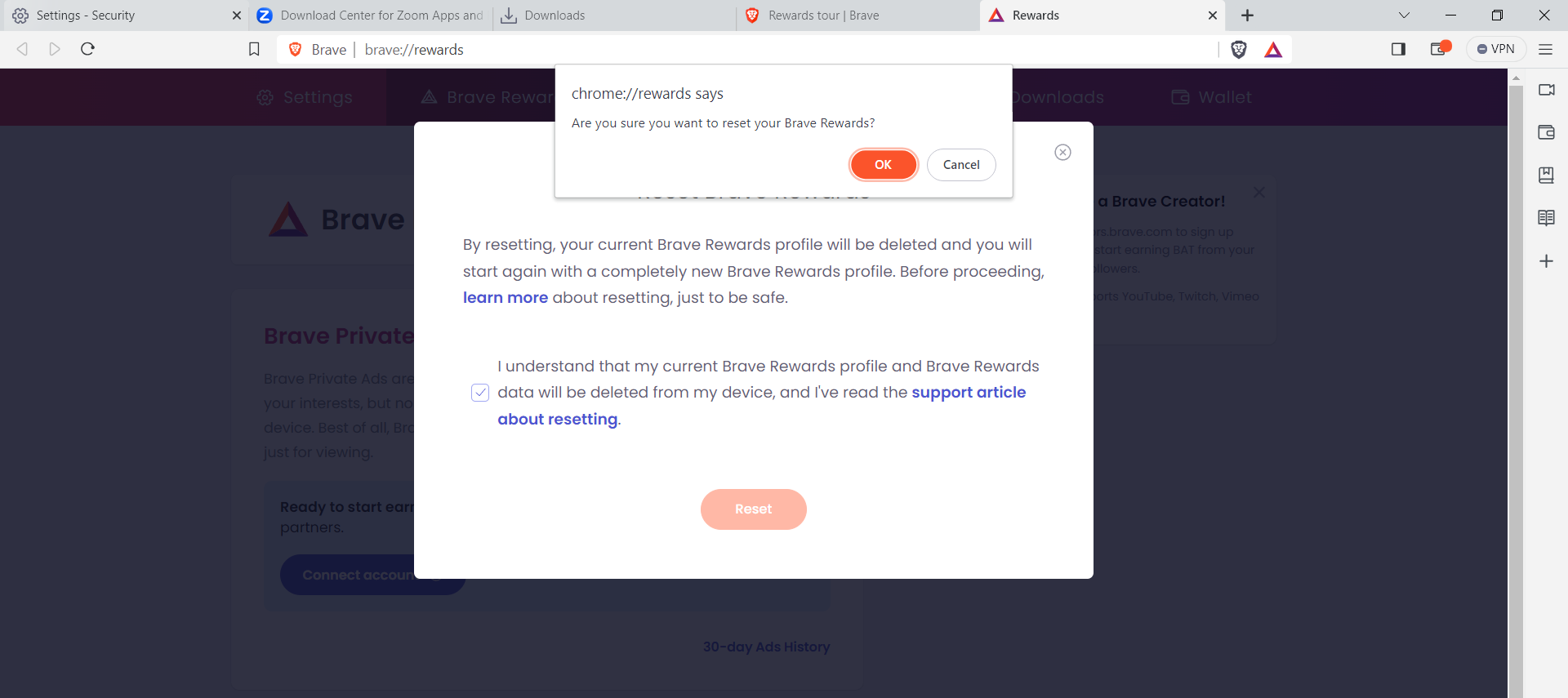 Remove extra "chrome://rewards says" dialog boxes in Rewards reset flow ...