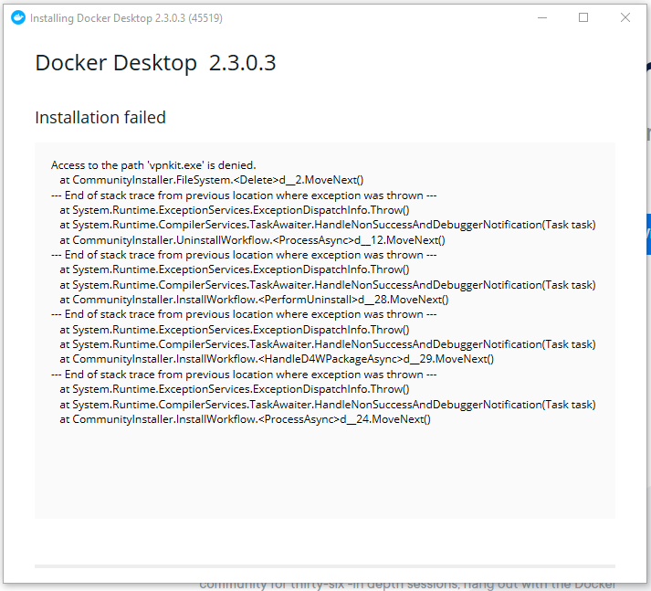 Docker Desktop for Windows - 2.3.0.3 Installation Failed · Issue #6903 · docker/for-win · GitHub