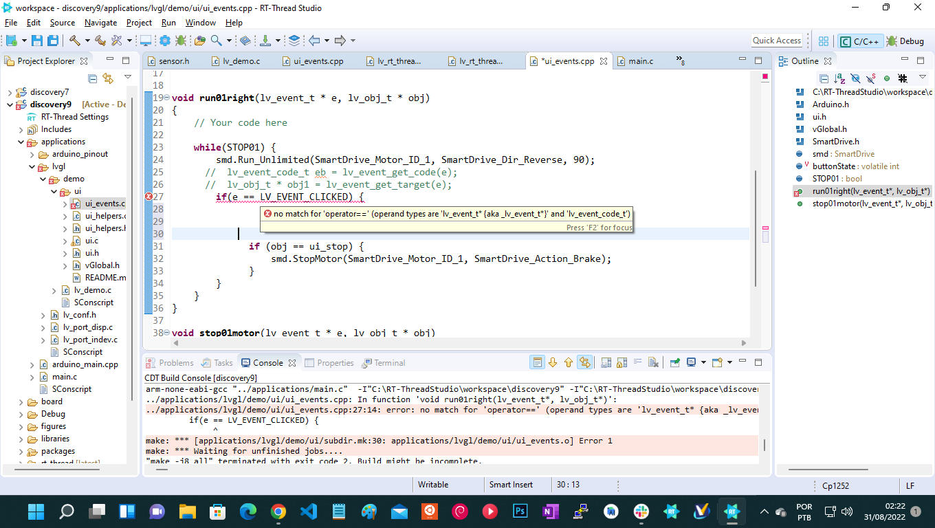 no match for 'operator=='(operand types are 'lv_event_t*{aka_lv_event_t*}' and 'lv_event_code_t ...