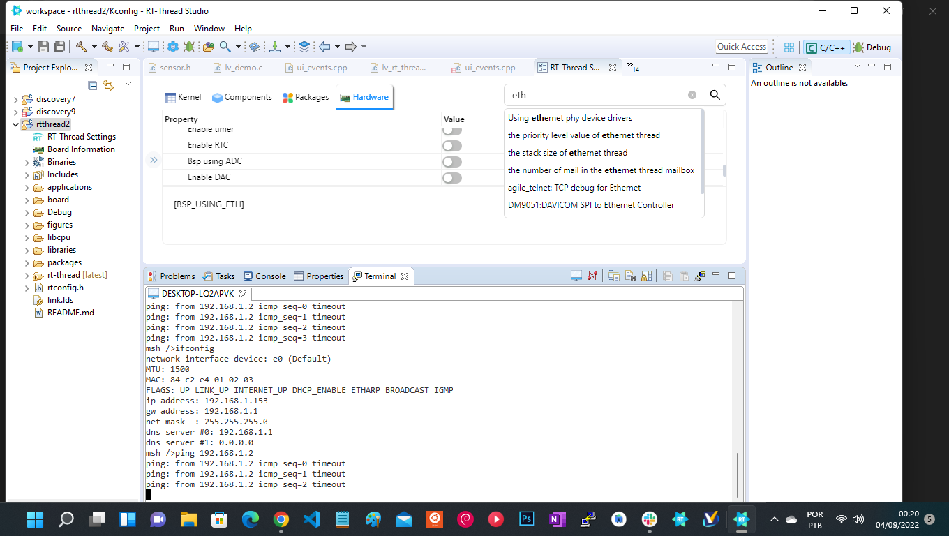 rt-thread/ch32v307 NOT have ethernet connection AND RT-Thread terminal NOT have ifconfig command ...