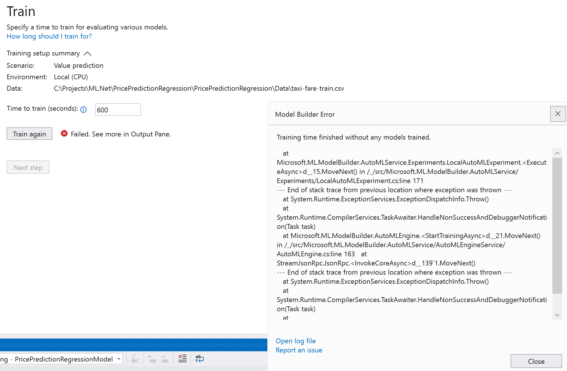 Value Prediction model throws "Training time finished without any models trained" exception ...