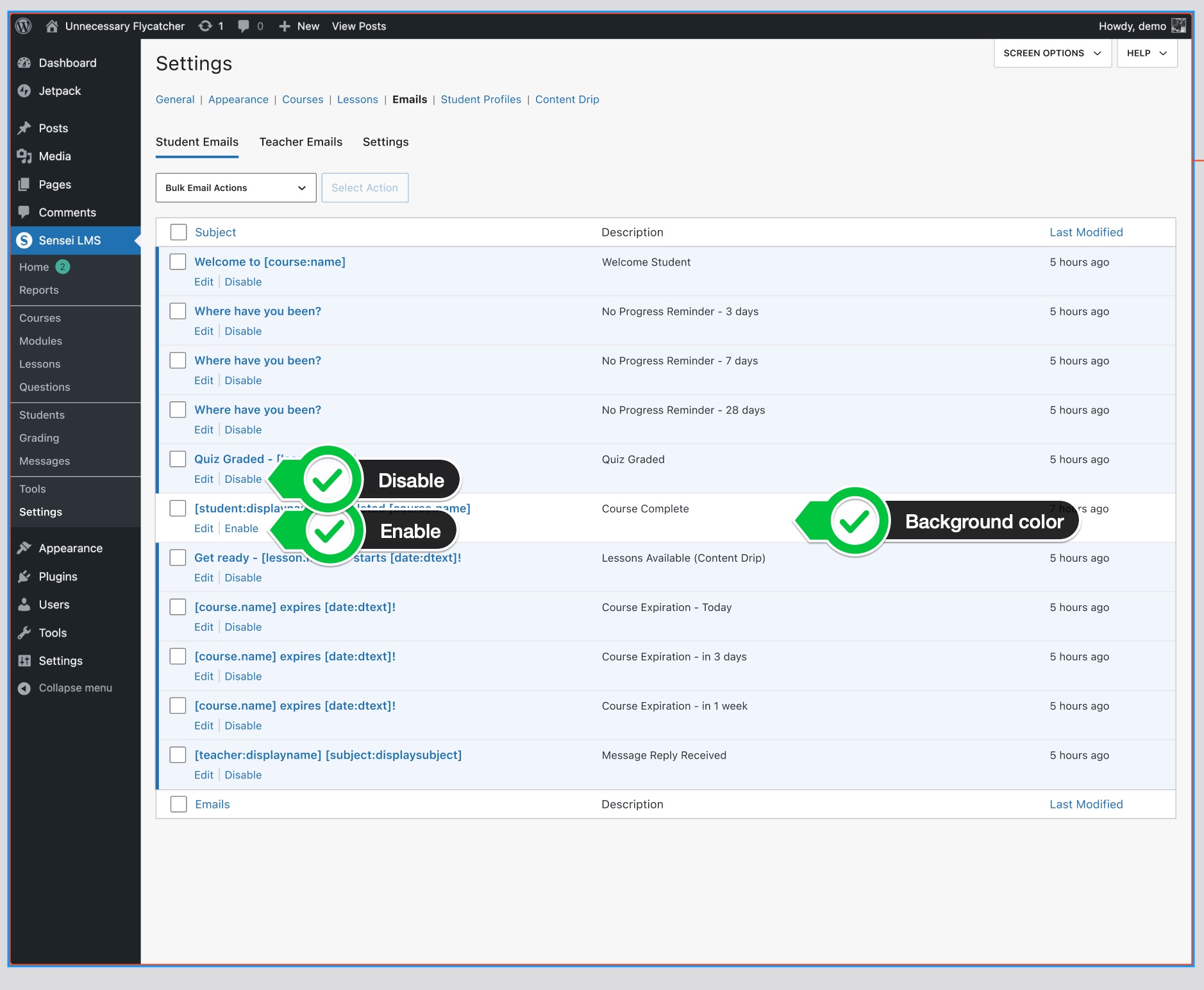 Enable to turn on/off emails on the email list · Issue #6446 · Automattic/sensei · GitHub