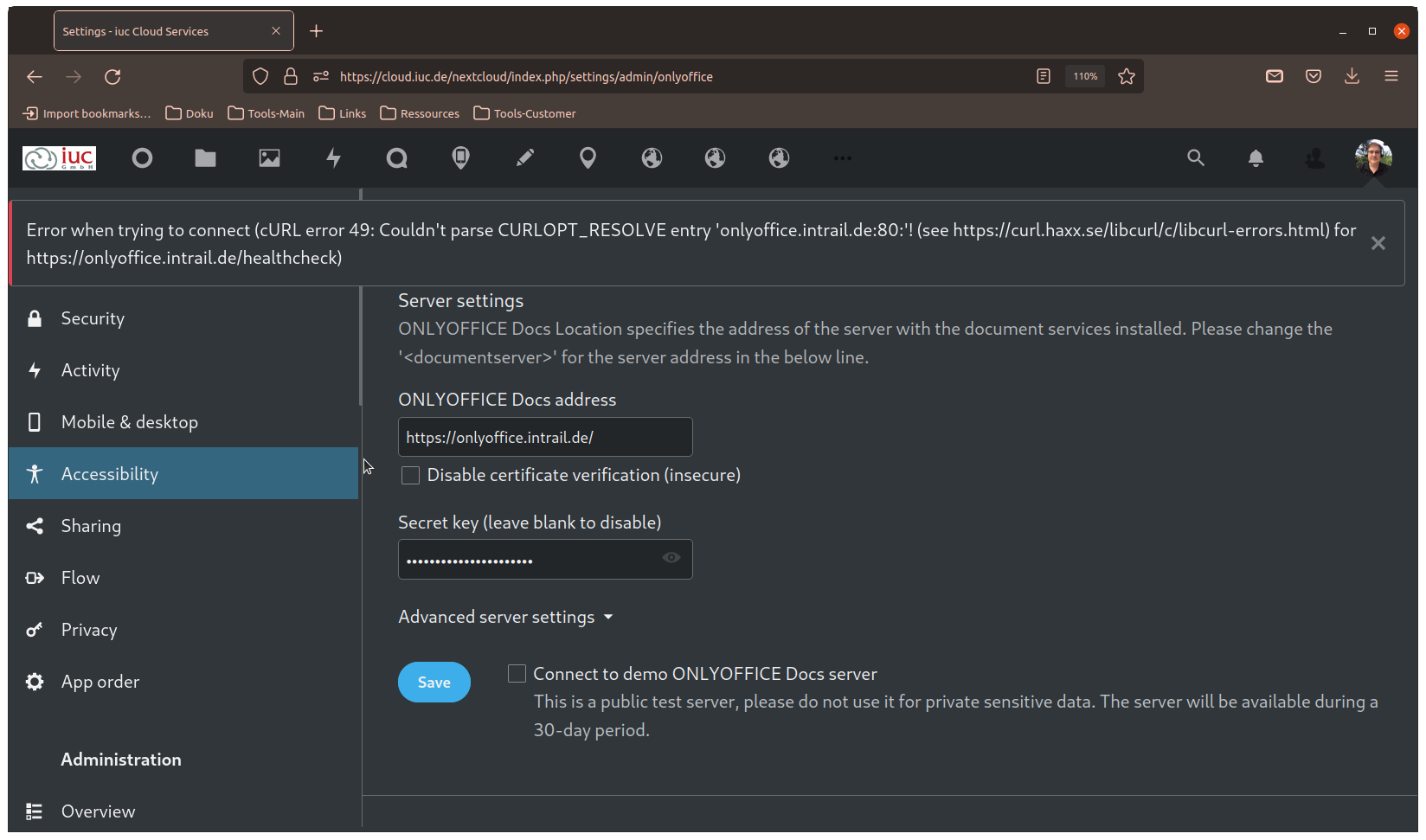 Nexcloud ONLYOFFICE configuration fails with "Error connection: cURL error 49" · Issue #543 ...