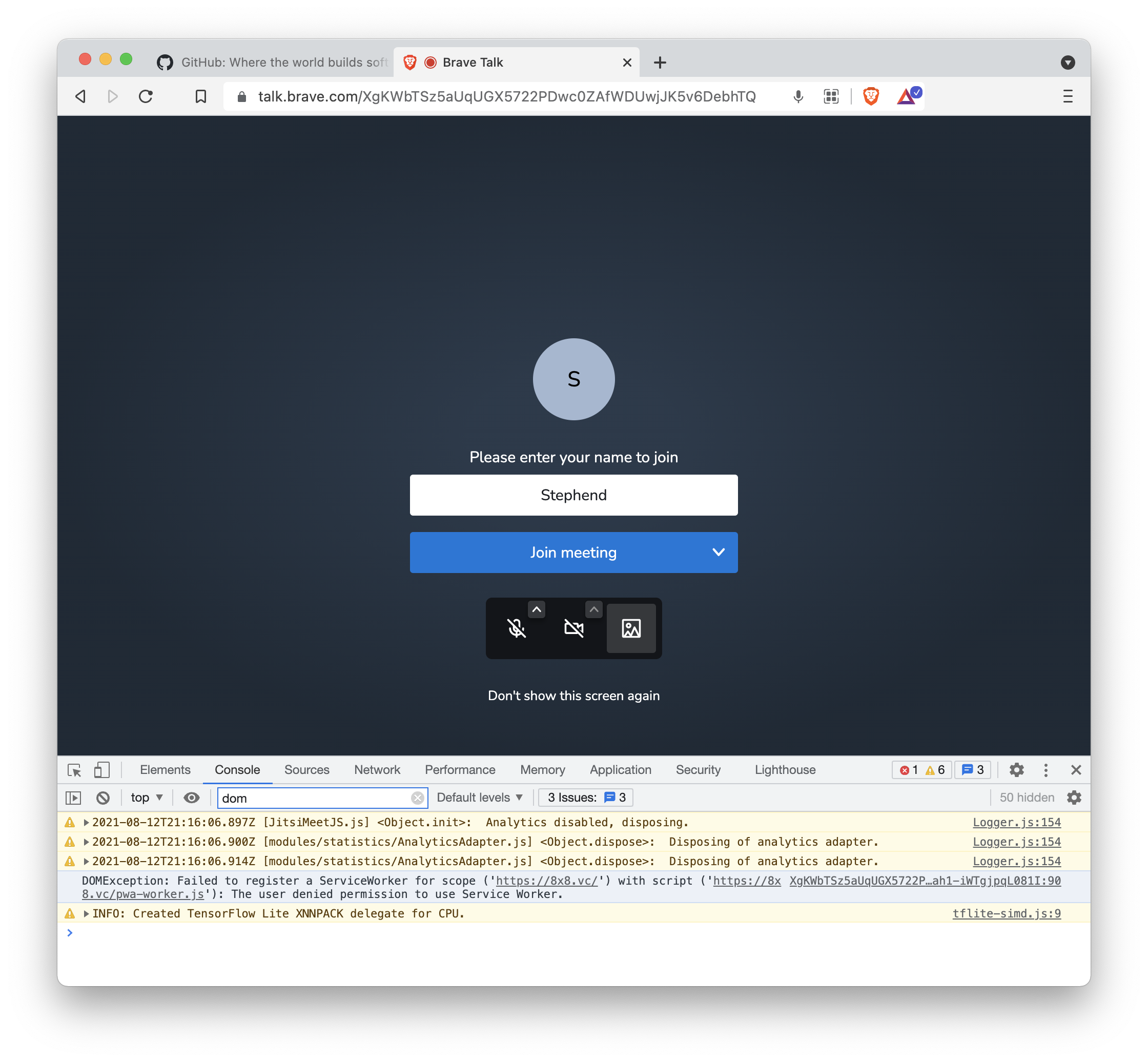DOMException: Failed to register a ServiceWorker is thrown in the error console using Brave Talk ...