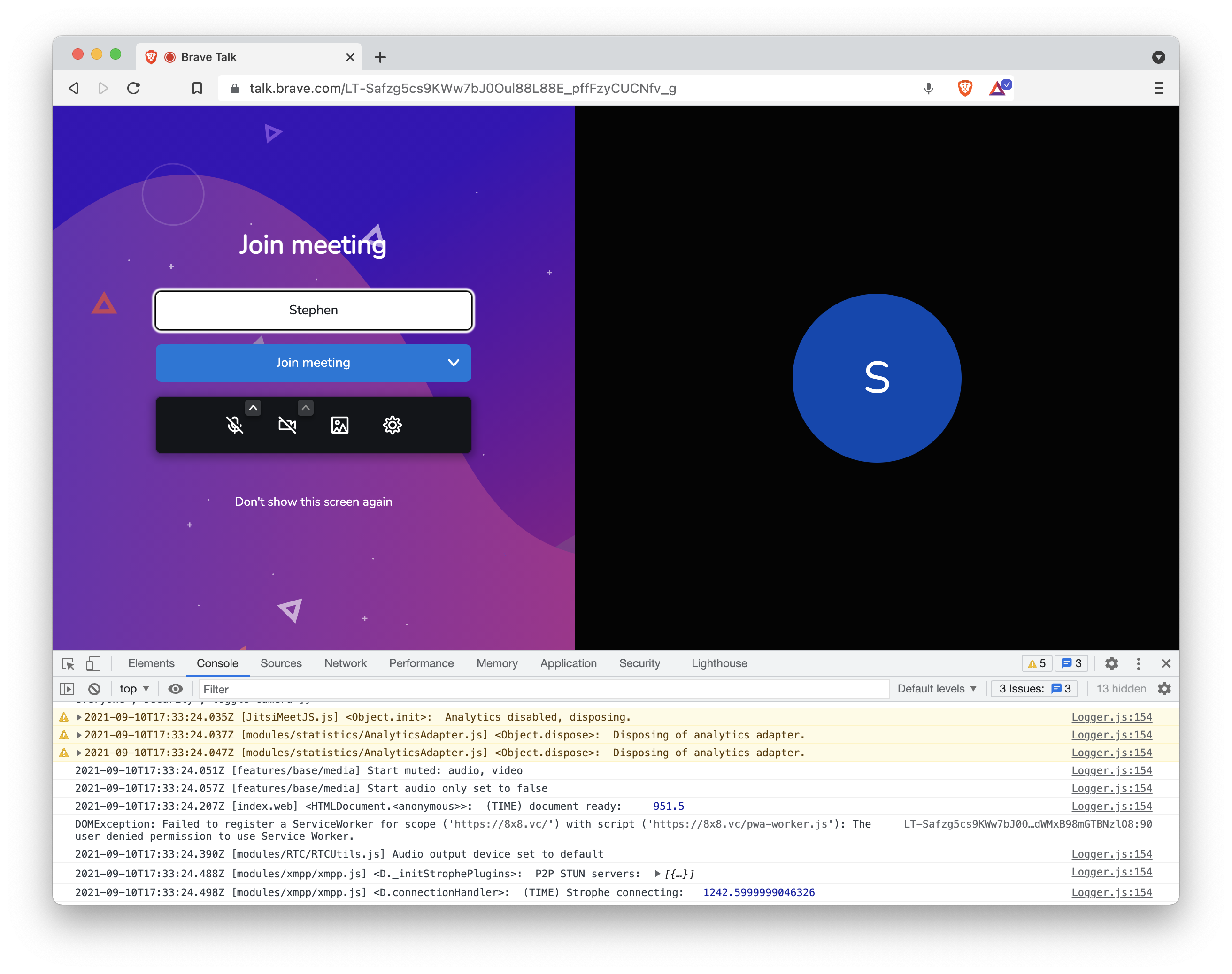 DOMException: Failed to register a ServiceWorker is thrown in the error console using Brave Talk ...
