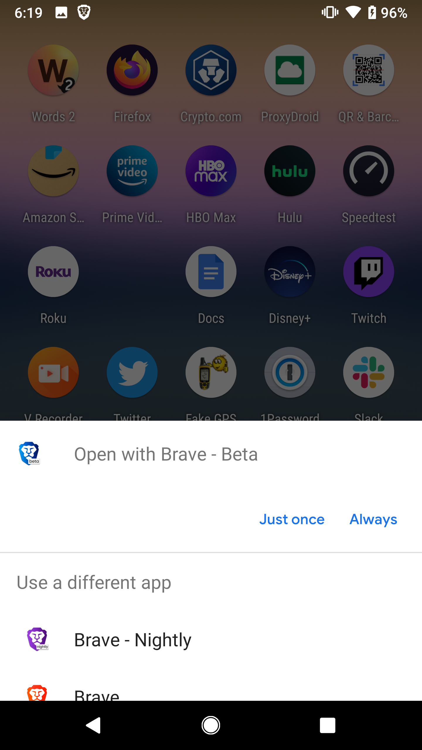 Instead of `Brave is lightning fast` engagement dialog, get `Open with ...