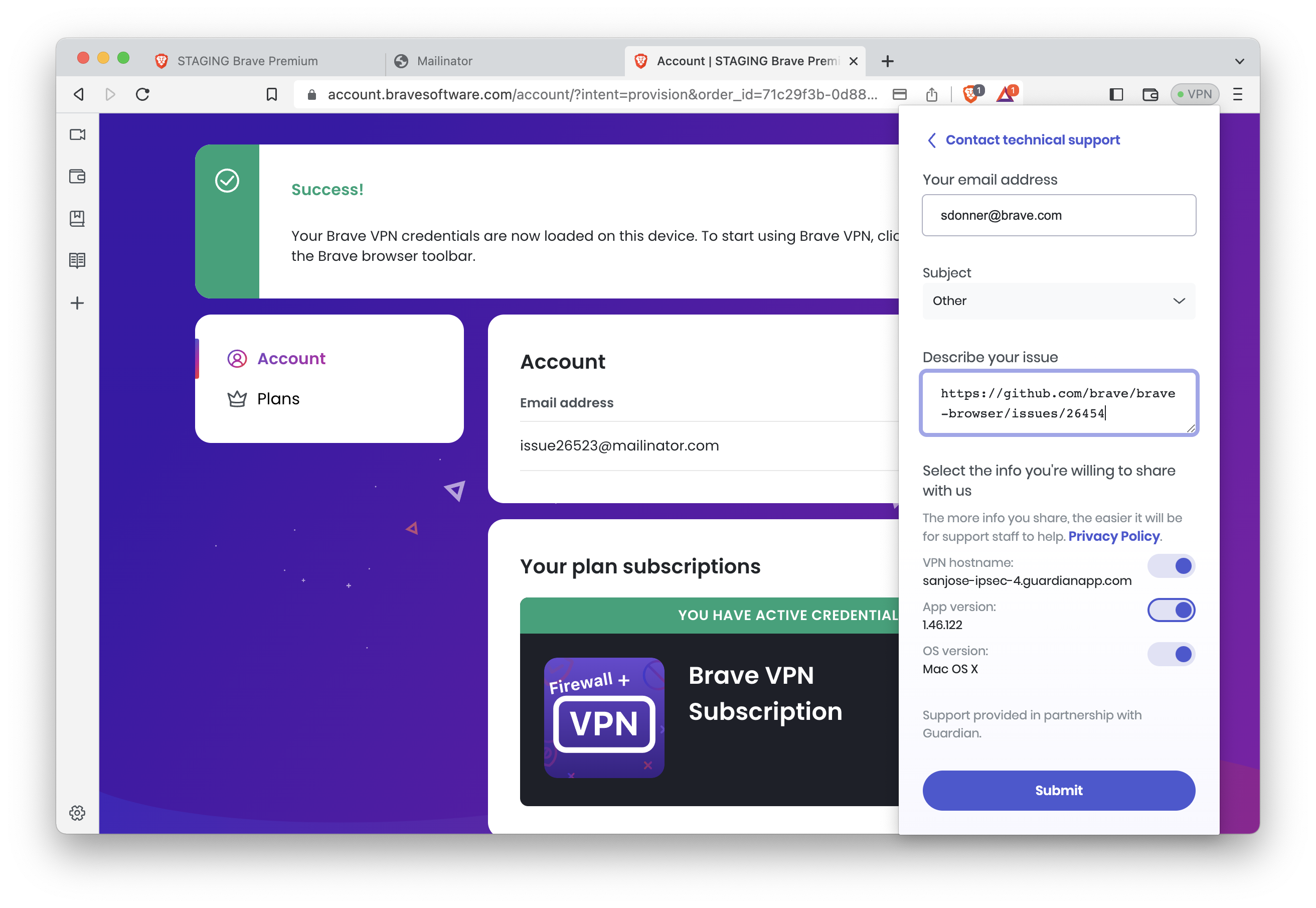 Submit button doesn't work (loading spinner doesn't show when submitting a ticket) for VPN ...