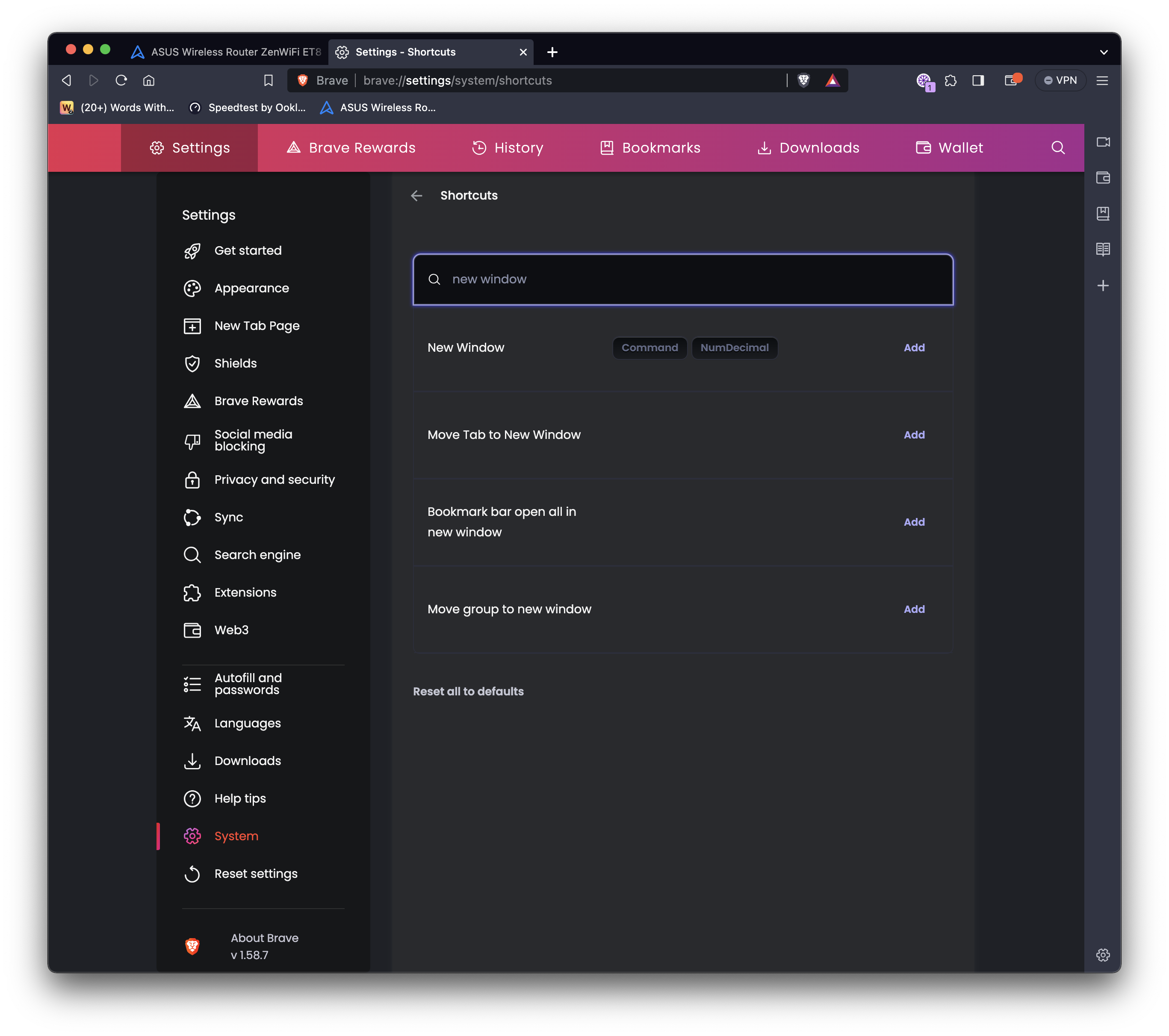 Shortcut for `New window` shows `Command` + `NumDecimal`, rather than ...