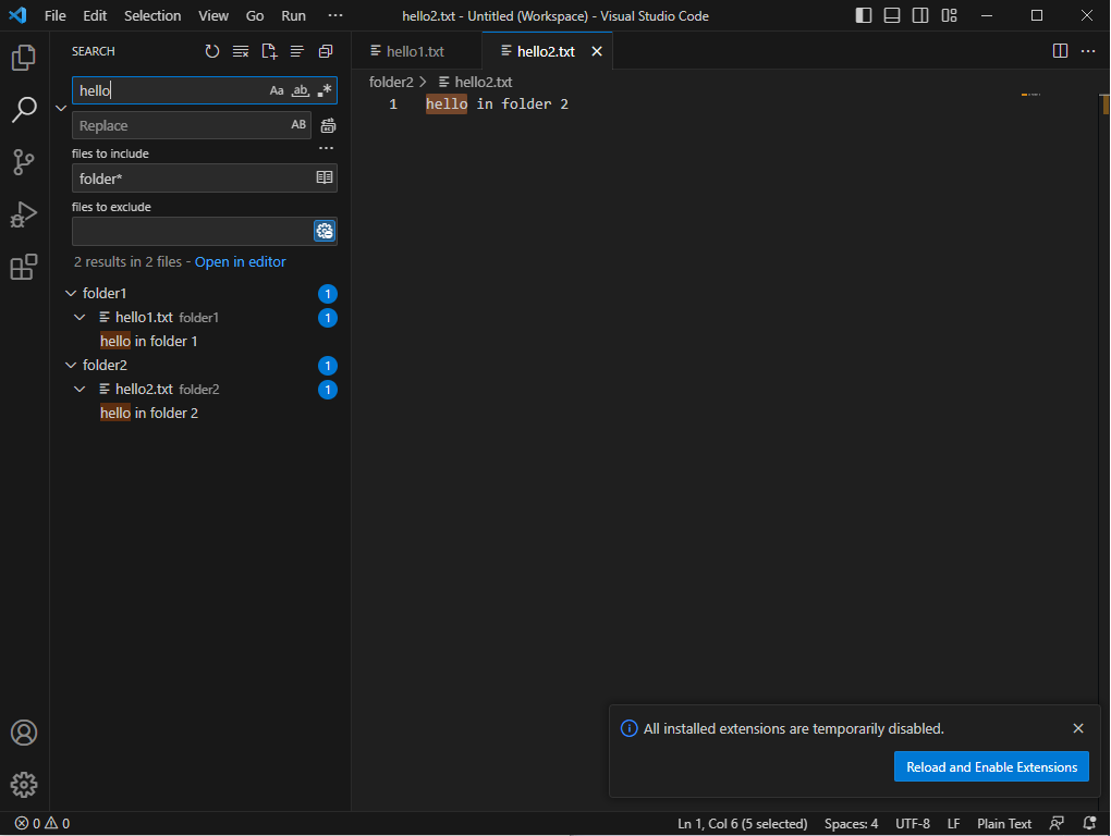 vscode workspace with multiple folders - search "files to include" does not work as expected ...