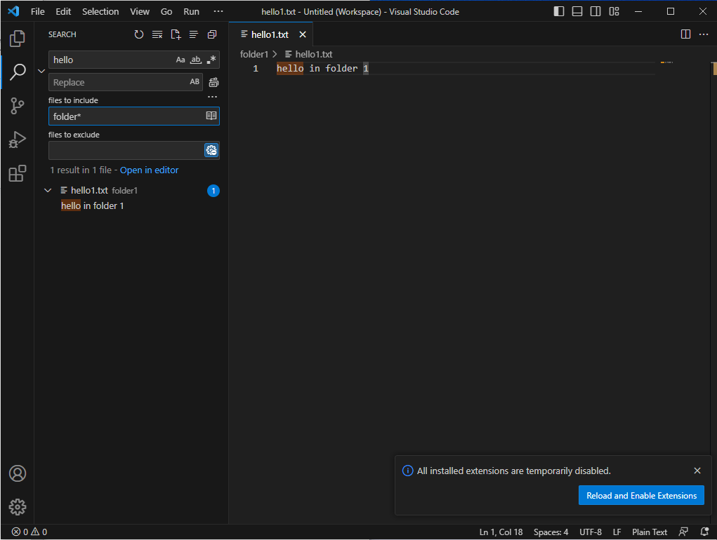vscode workspace with multiple folders - search "files to include" does not work as expected ...