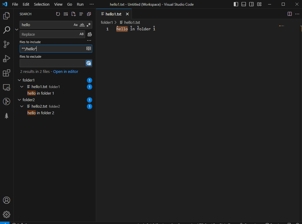 vscode workspace with multiple folders - search "files to include" does not work as expected ...