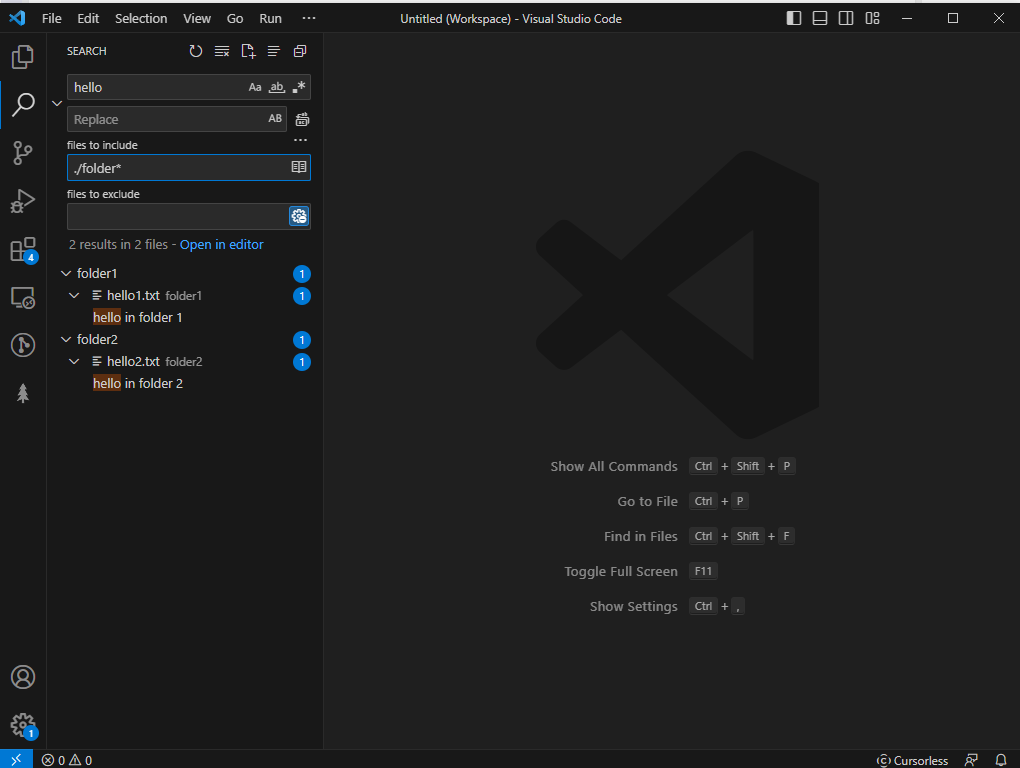 vscode workspace with multiple folders - search "files to include" does ...