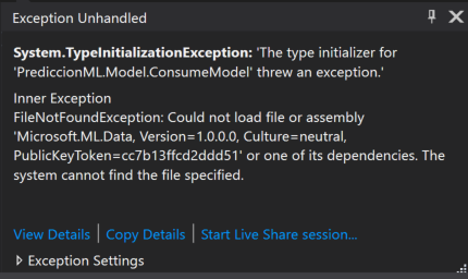 Error al llamar "ITransformer mlModel = mlContext.Model.Load(modelPath, out var modelInputSchema ...