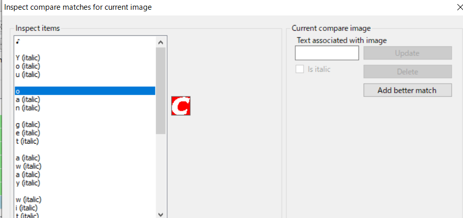 Unable to let OCR recognize italic c in binary image compare mode; always takes it as o · Issue ...