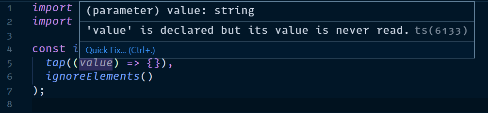 ignoreElements forces to "any" the type of the input variable of a preceding operator · Issue ...