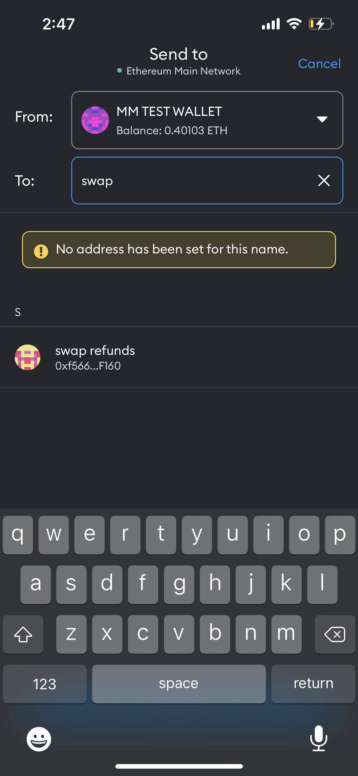 "send to" flow produces "No address has been set for this name." dialogue box pop up no matter ...