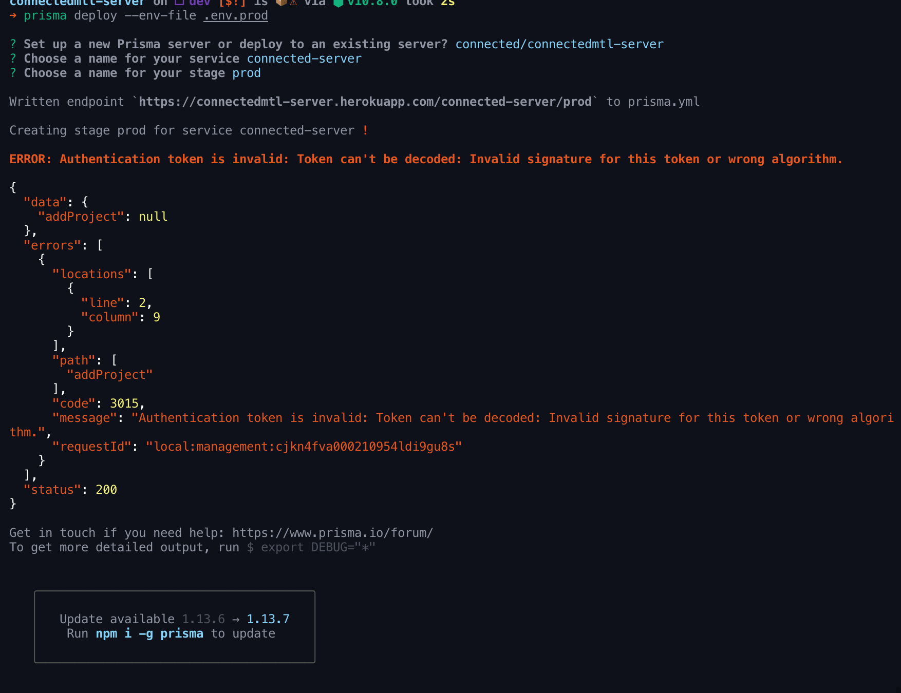 Unable to run prisma deploy on heroku hosted prisma server · Issue #2896 · prisma/prisma1 · GitHub