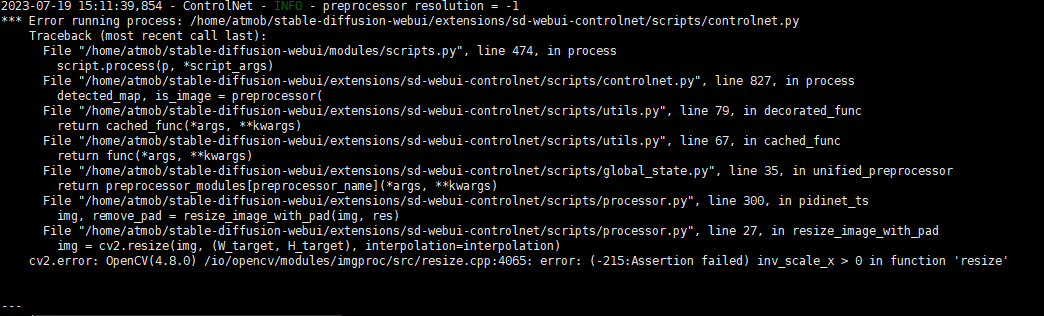 cv2 error[Bug]: · Issue #1751 · Mikubill/sd-webui-controlnet · GitHub
