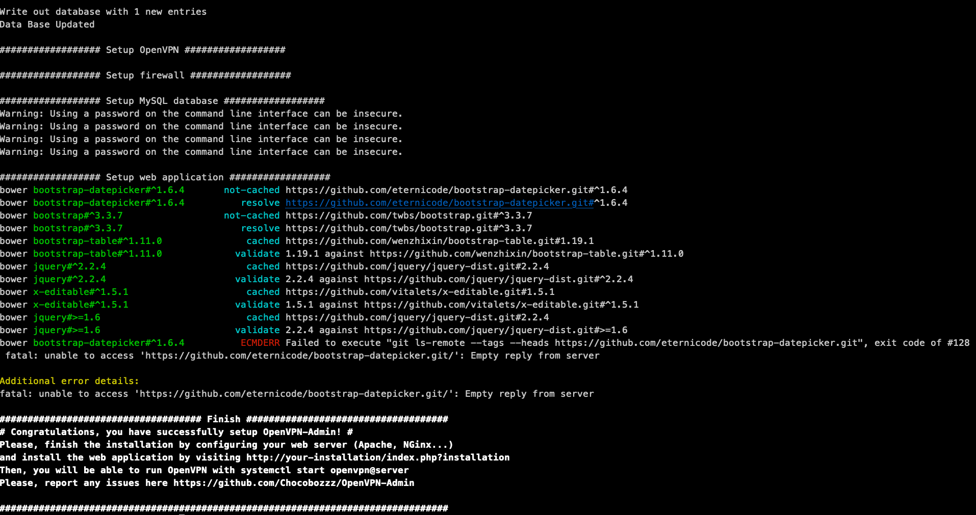 Installation failed · Issue #175 · Chocobozzz/OpenVPN-Admin · GitHub