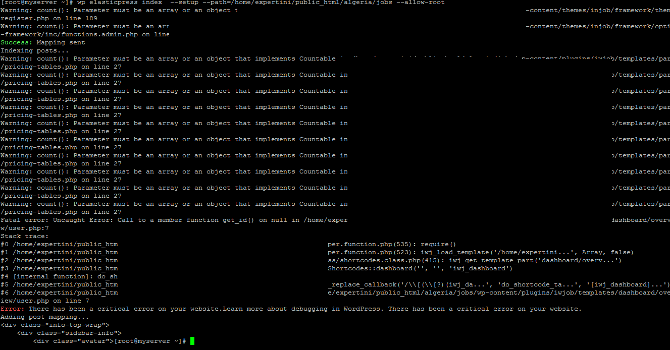 wp elasticpress index --setup -path=/home/.../ --allow-root shows critical error although ...