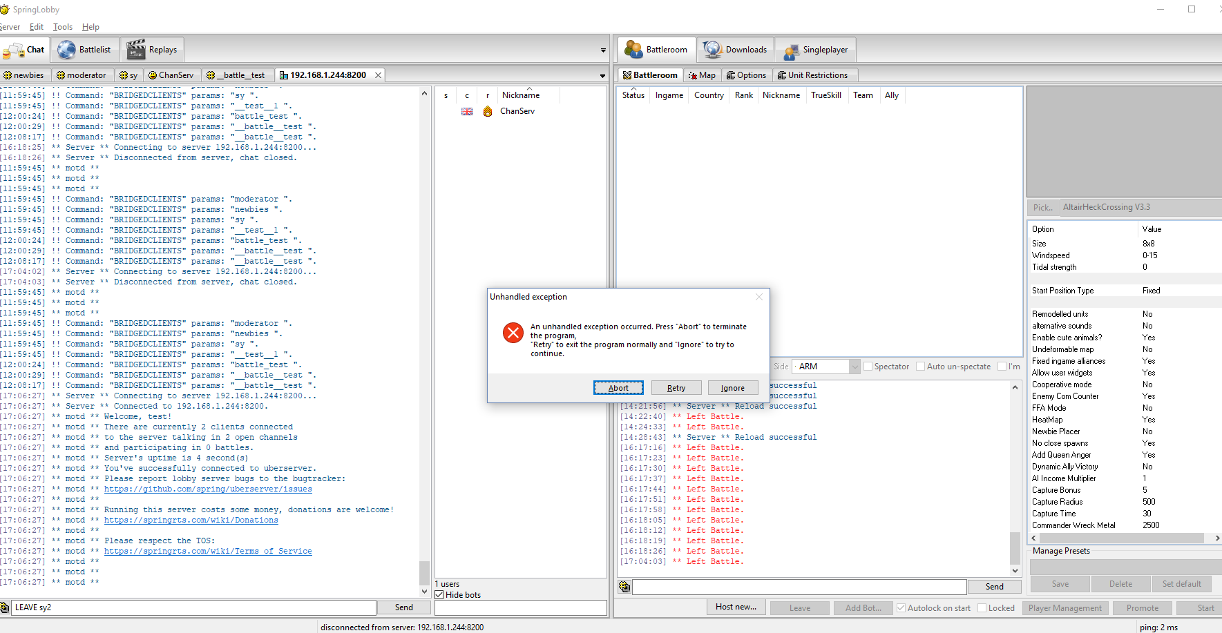 unhandled exception & other errors when typing LEAVE commands into the ...