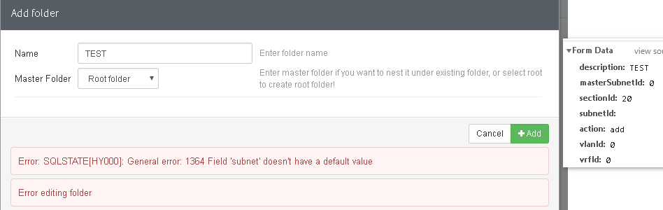 Unable To Add New Folder Field Subnet Doesnt Have A Default Value · Issue 2012 · Phpipam