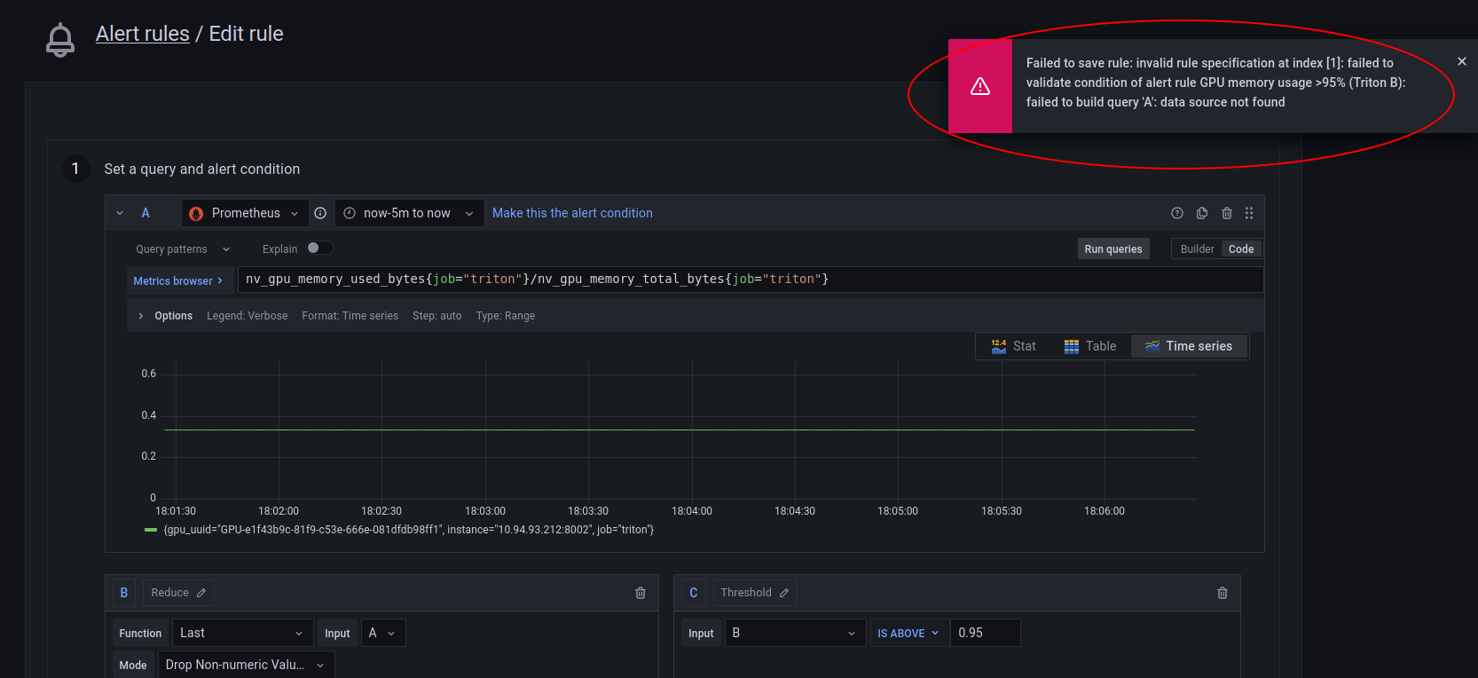 Fails to save alerts with error "failed to build query 'A': data source not found" - while the ...