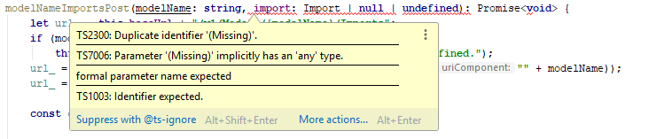[TypeScript client] Invalid code when parameter is named 'import' · Issue #1582 · RicoSuter ...