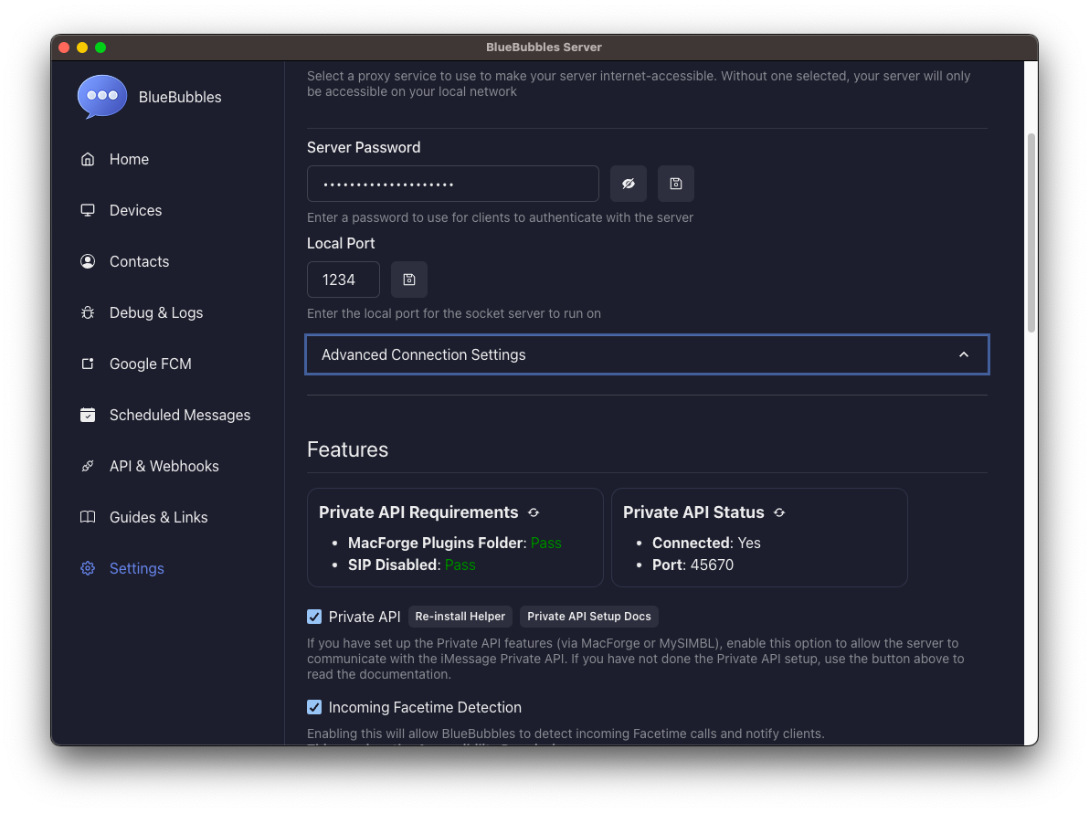 [1.7.0] No advanced connection settings · Issue #511 · BlueBubblesApp/bluebubbles-server · GitHub