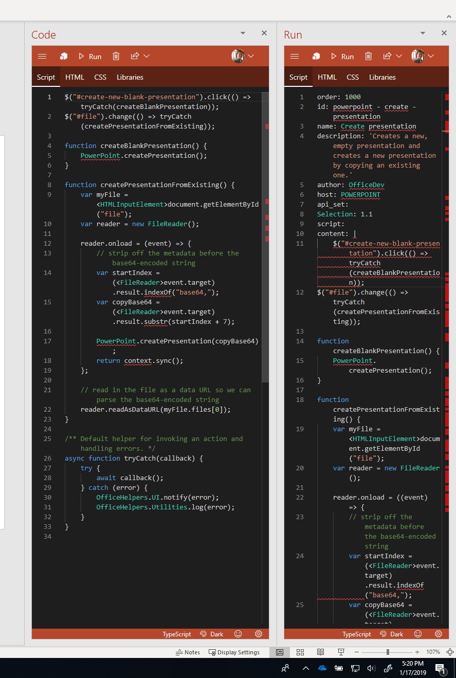 PowerPoint "Run" task pane shows code · Issue #579 · OfficeDev/script-lab · GitHub