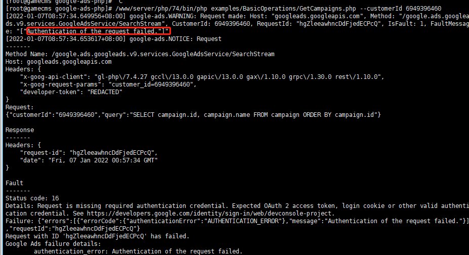 Authentication of the request failed · Issue #712 · googleads/google-ads-php · GitHub